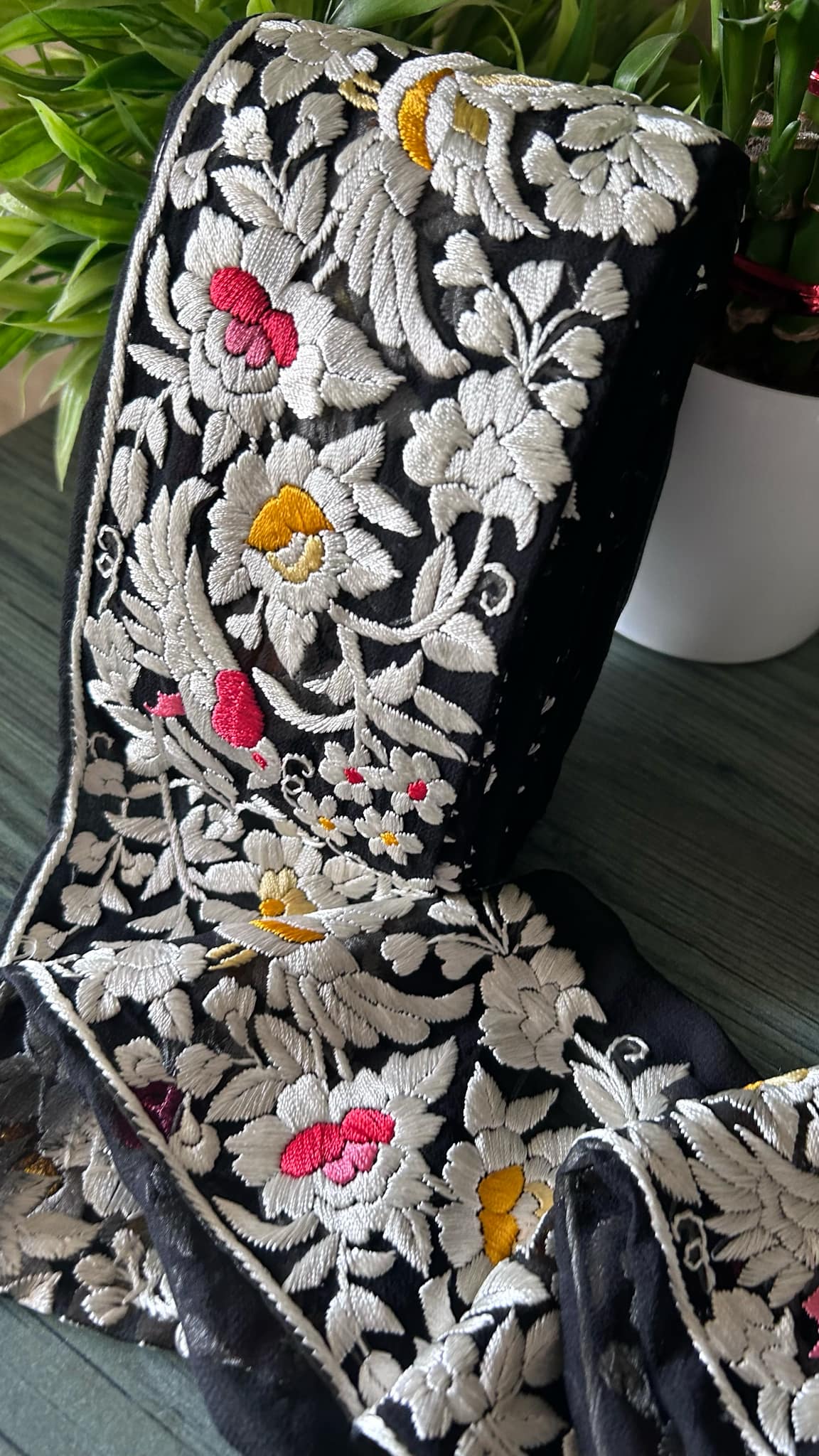 Multicolour Parsi Hara Hand Embroidered Border and Laces – Dress365days