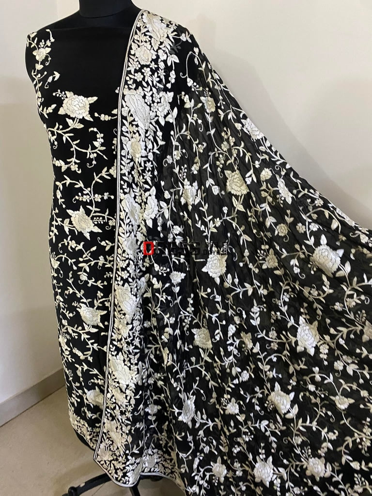 Black Ivory Front Back Hand Embroidered Parsi Gara Suit (Three Piece ...