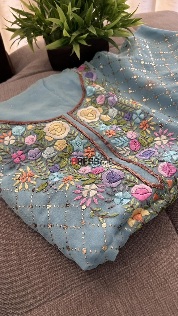 Blue Mukaish Suit with Parsi Gara Neckline – Dress365days