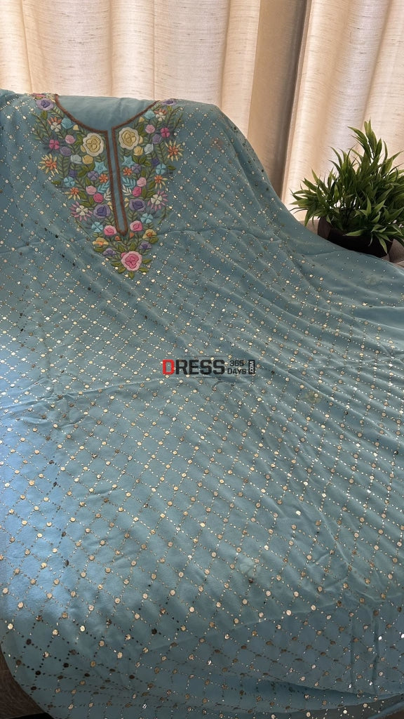 Blue Mukaish Suit with Parsi Gara Neckline – Dress365days