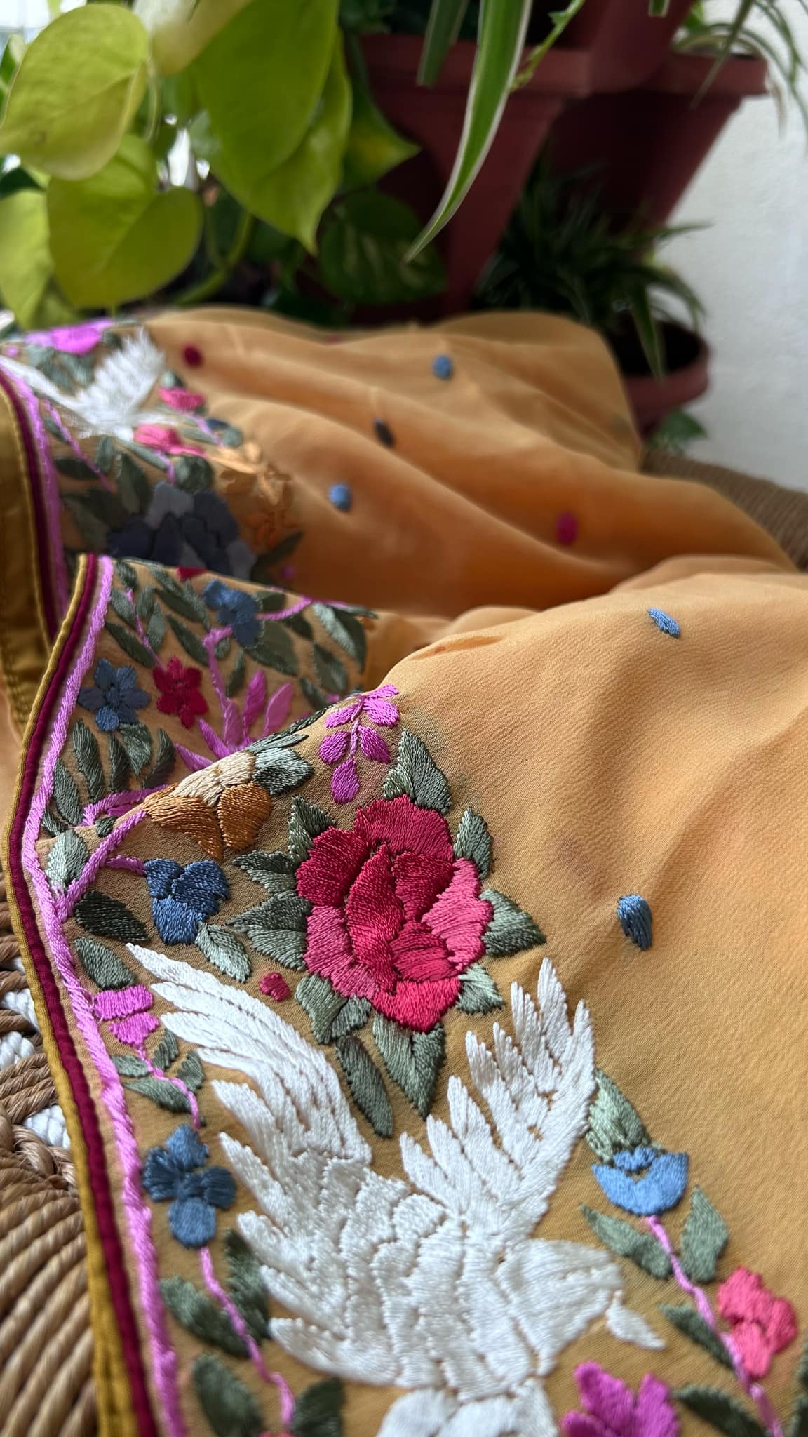 Pre Order Mustard Yellow Parsi Gara Hand Embroidered Dupatta – Dress365days