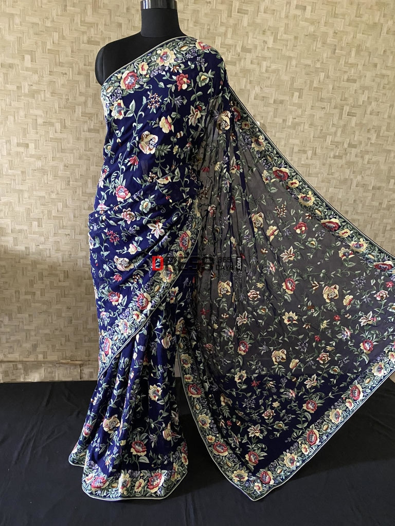 Pre Order Designer Navy Parsi Gara Pure Georgette Saree – Dress365days