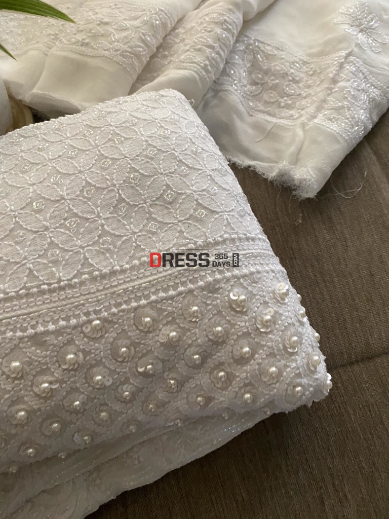 Designer White Pearl Lucknowi Chikankari Anarkali Suit – Dress365days