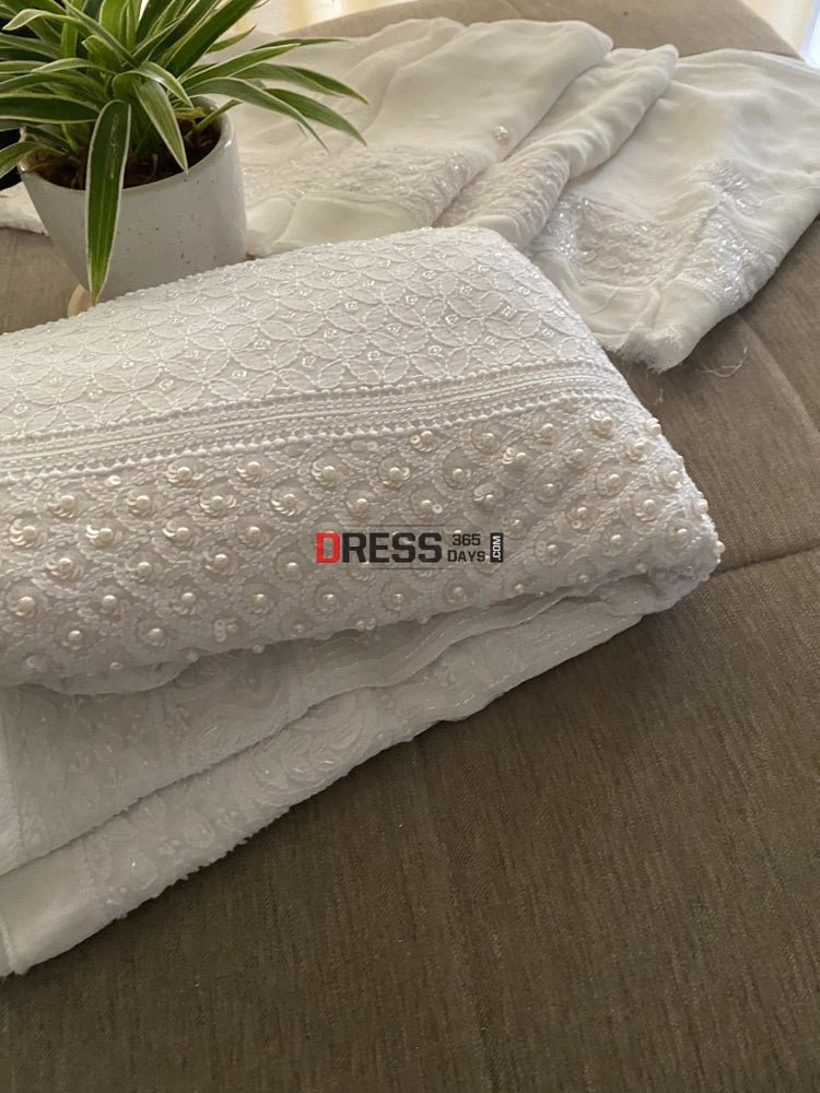 Designer White Pearl Lucknowi Chikankari Anarkali Suit – Dress365days