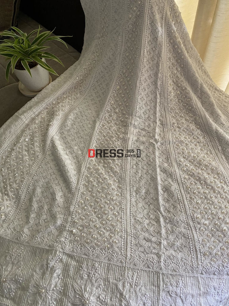 Designer White Pearl Lucknowi Chikankari Anarkali Suit – Dress365days