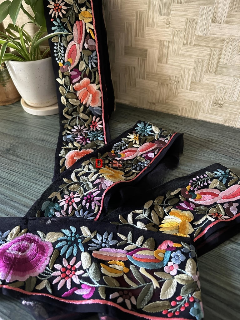 Multicolour Parsi Hara Hand Embroidered Border and Laces – Dress365days