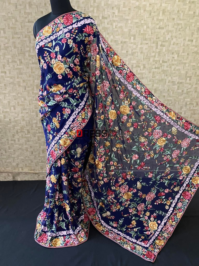 Pre Order Floral Parsi Gara Hand Embroidered Saree – Dress365days