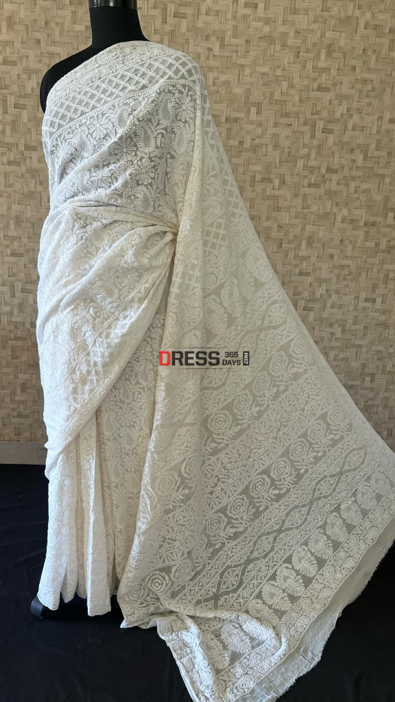 Ivory Fine Chikankari & Jaali Work Saree – Dress365days