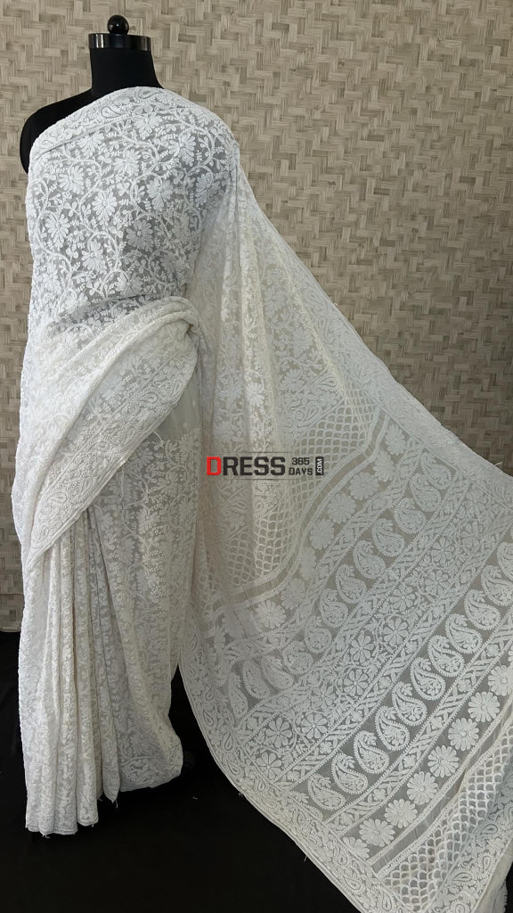 Ivory White Lucknow Chikankari Saree – Dress365days