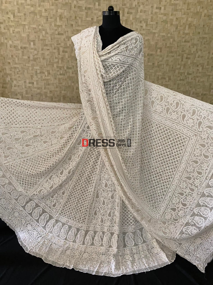 Ivory White Lucknowi Chikankari Mukaish Lehenga Set – Dress365days