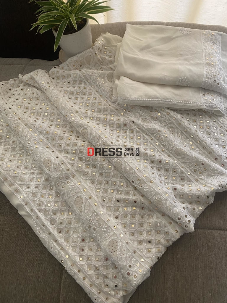 Ivory White Lucknowi Chikankari Mukaish Suit – Dress365days