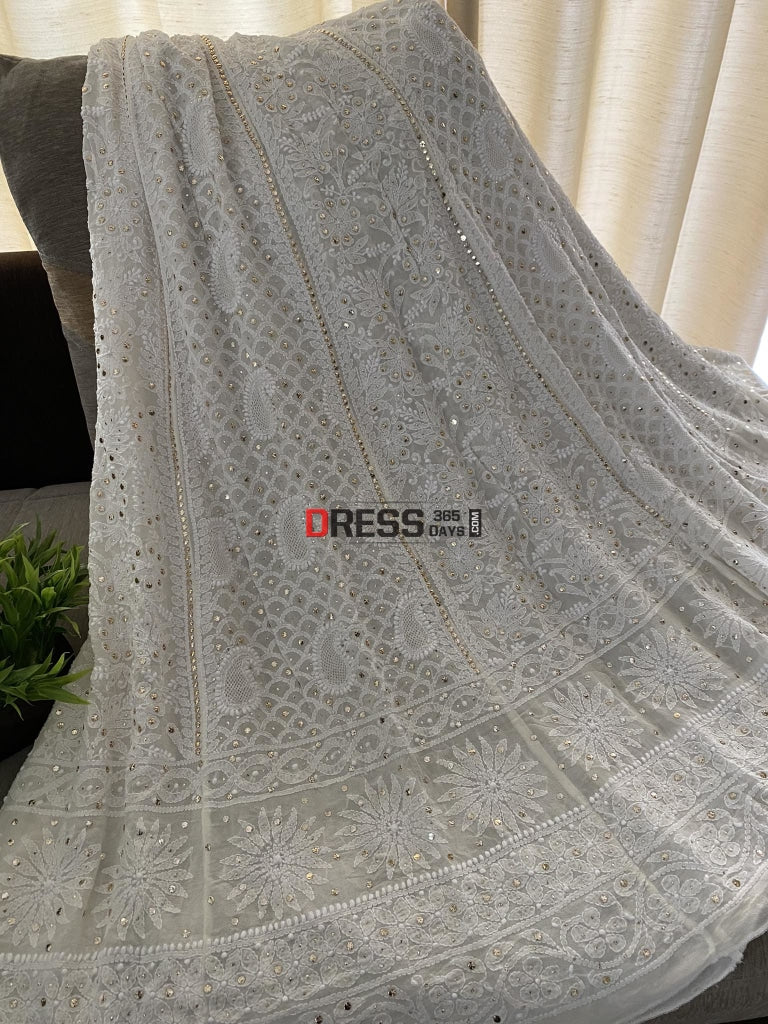 Ivory White Mukaish Chikankari & Hand Jaali Lehenga Skirt (Lehenga Onl ...