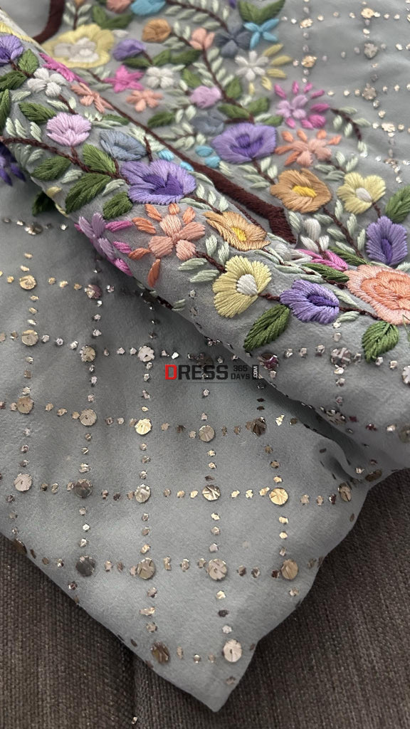 Light Grey Mukaish Suit with Parsi Gara Neckline – Dress365days