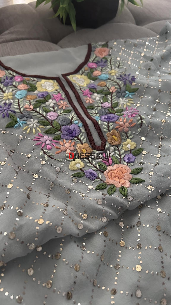 Light Grey Mukaish Suit with Parsi Gara Neckline – Dress365days