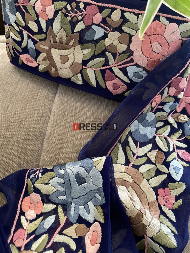 Multicolour Parsi Hara Hand Embroidered Border and Laces – Dress365days