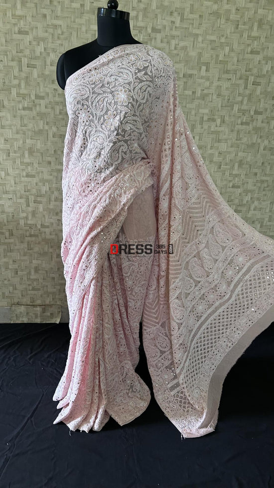 Pastel Pink Chikankari Mukaish Saree – Dress365days