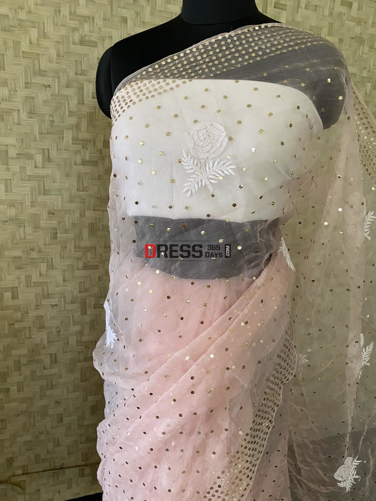 Pastel Pink Organza Mukaish & Chikankari Saree – Dress365days