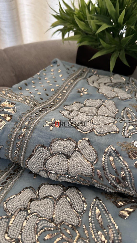 Powder Blue Kamdani & Pearl Suit (Kurta & Dupatta) – Dress365days