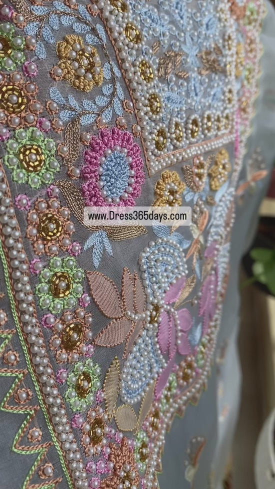 Greyish Blue Exclusive Organza Pearls Chikankari Suit – Dress365days