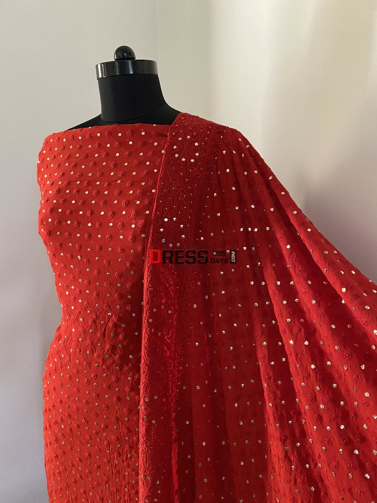 Red Front and Back Chikankari Suit with Embroidered Dupatta - Karwa Ch ...