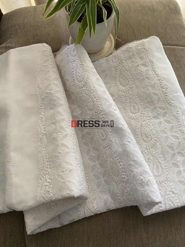 White Cut Work & Net Jaali Cotton Chikankari Kurti Fabric (Only Kurti ...