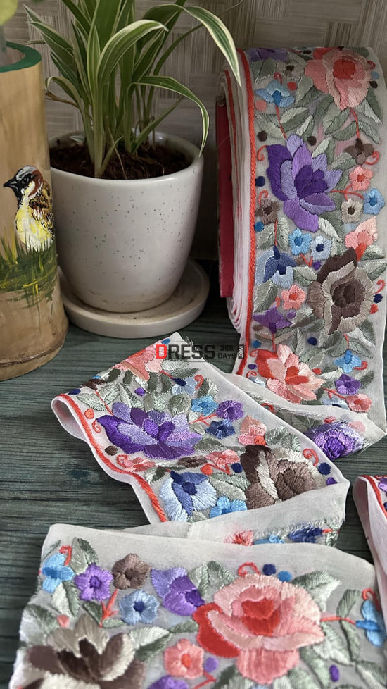 Multicolour Parsi Hara Hand Embroidered Border and Laces – Dress365days