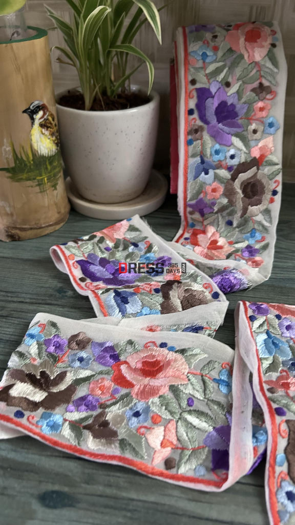 Multicolour Parsi Hara Hand Embroidered Border and Laces – Dress365days