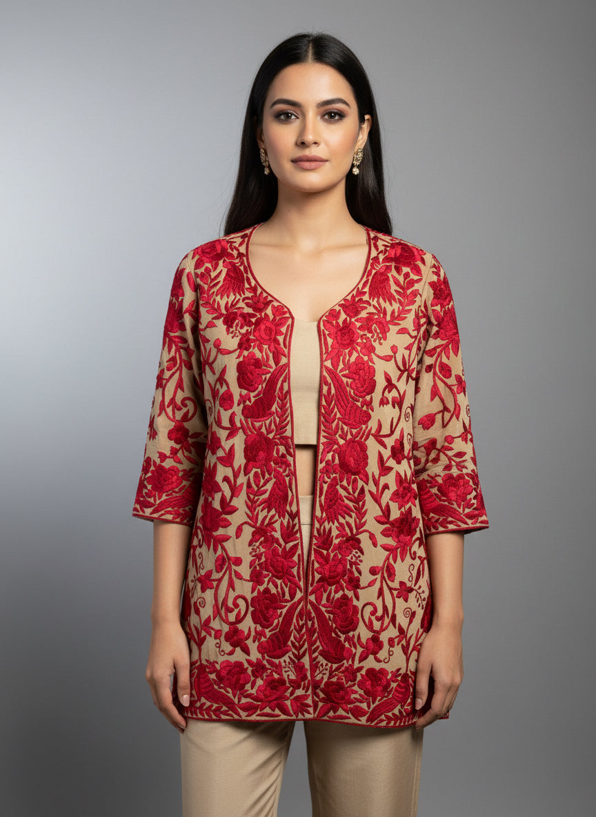 Beige & Red Parsi Coat - Parsi Gara Jacket – Dress365days