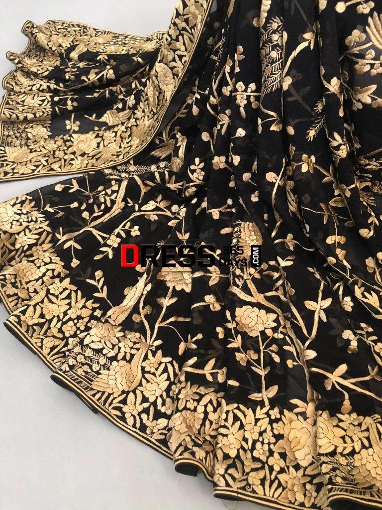 Pre Order Black and Gold Hand Embroidered Parsi Gara Saree – Dress365days