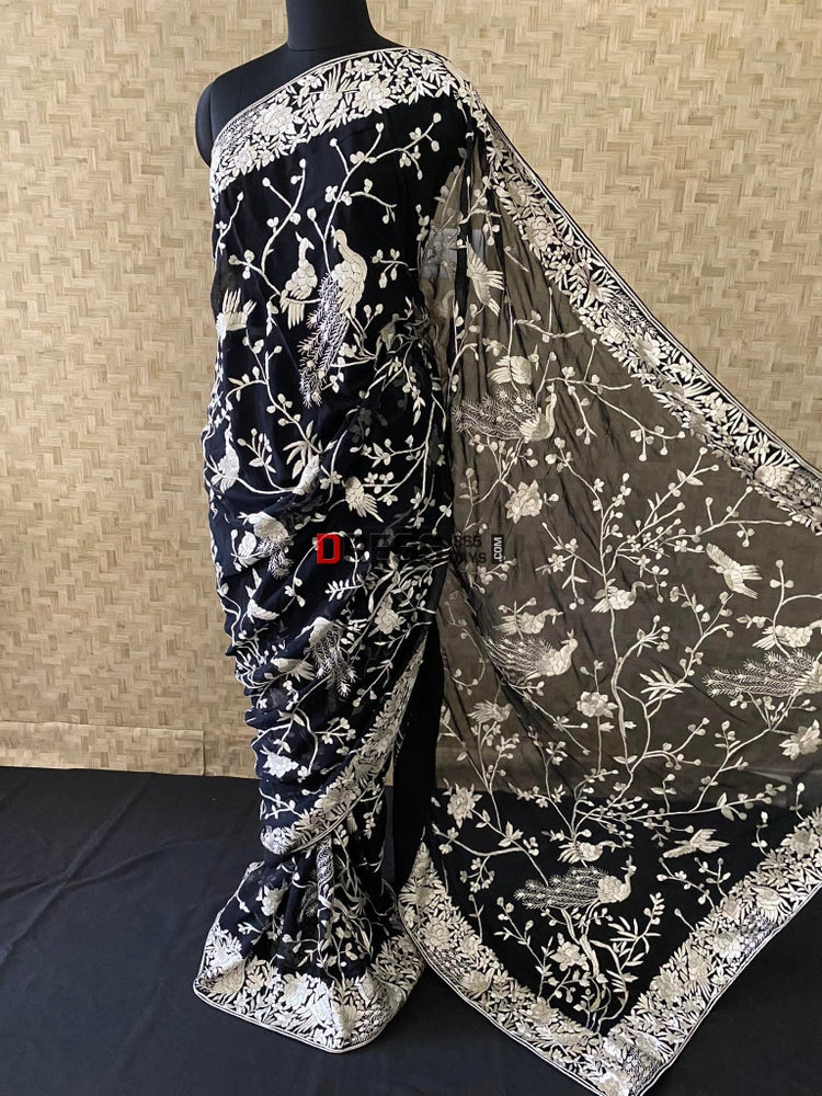 Black & Ivory Parsi Gara Saree – Dress365days