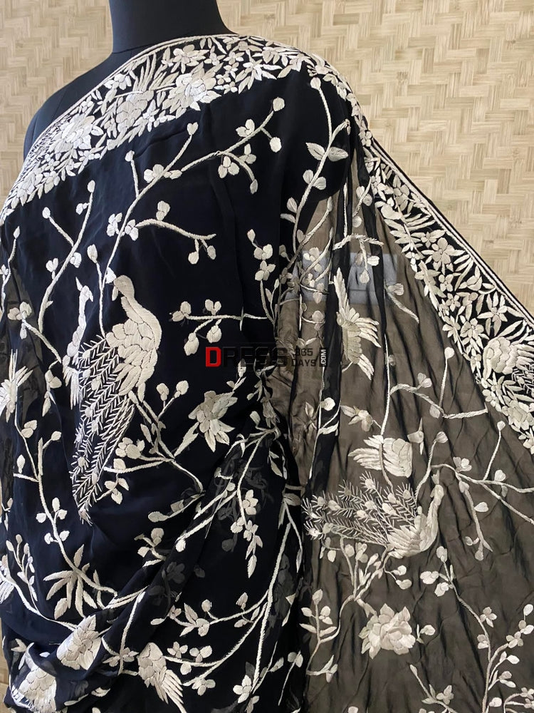 Black & Ivory Parsi Gara Saree – Dress365days