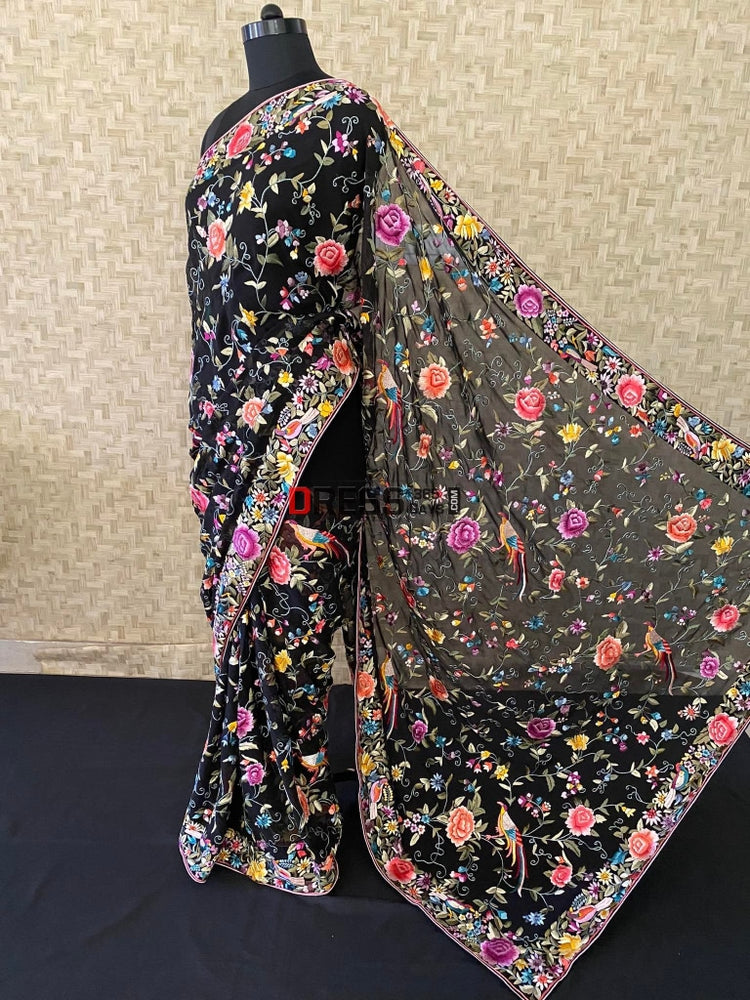 Pre Order Black Parsi Gara Hand Embroidered Saree – Dress365days