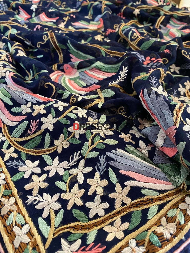 Pre Order Designer Navy Multicolour Parsi Gara Dupatta – Dress365days