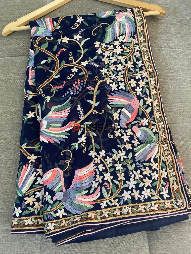 Pre Order Designer Navy Multicolour Parsi Gara Dupatta – Dress365days