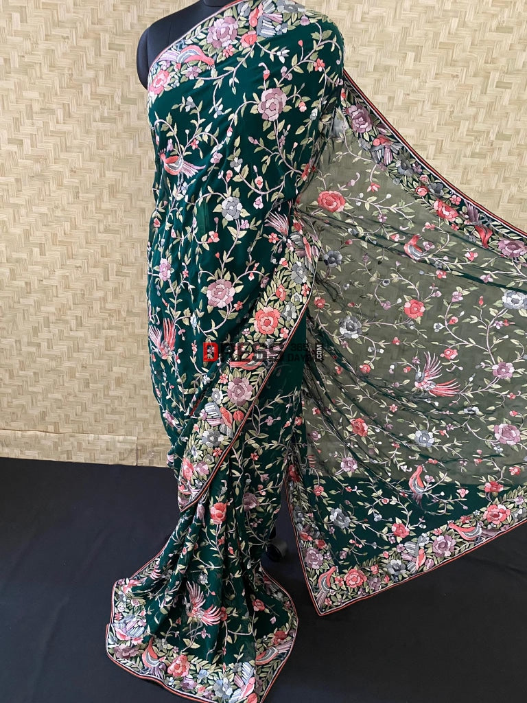 Pre Order Emerald Green Hand Embroidered Multicolour Parsi Gara Saree ...