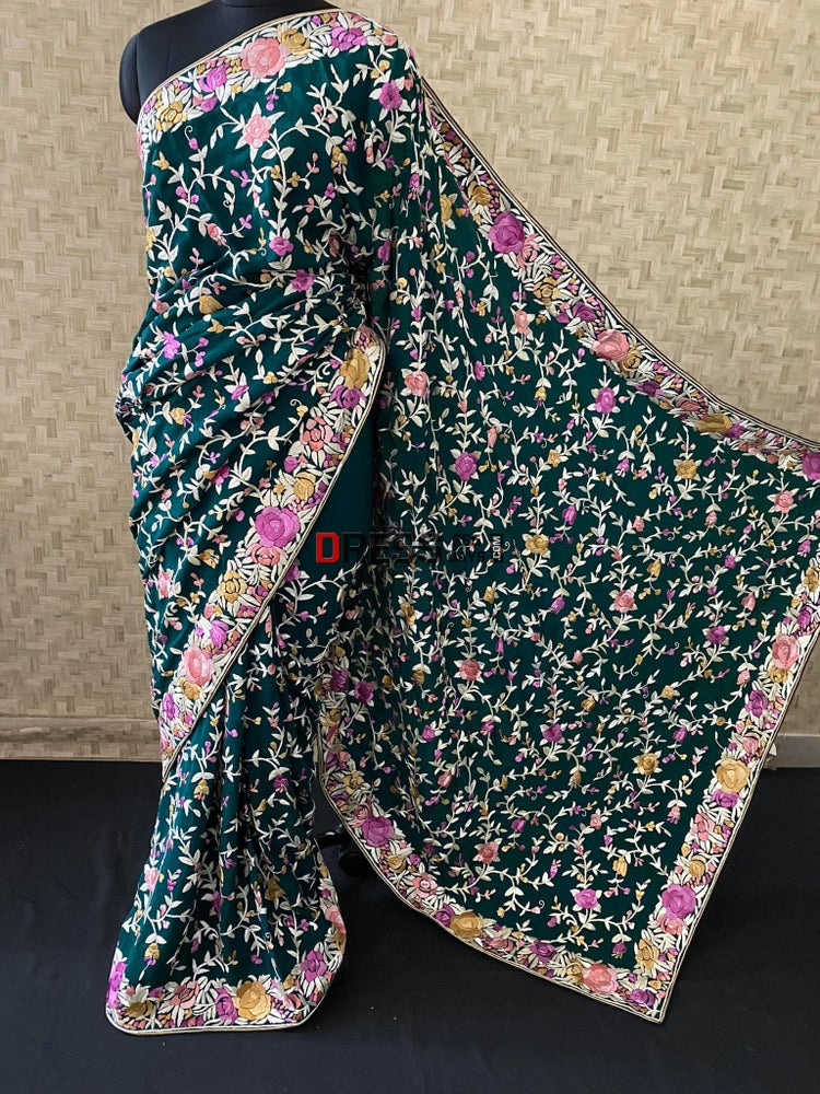 Pre Order Emerald Green Parsi Gara Gara Hand Embroidered Saree ...