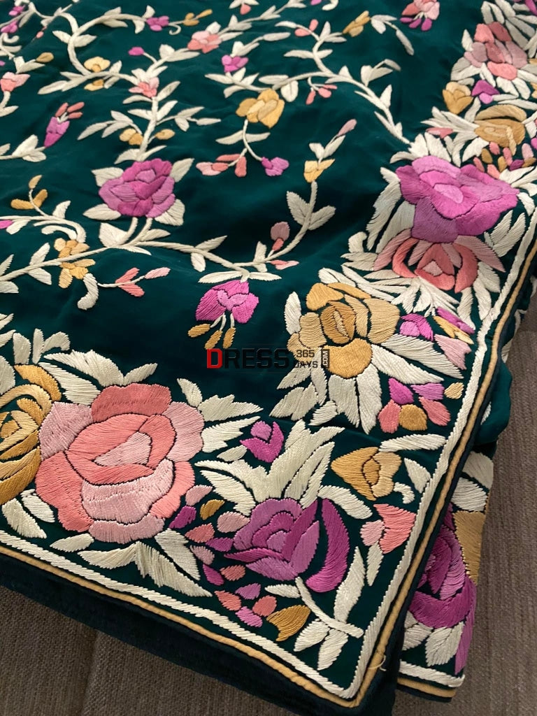 Pre Order Emerald Green Parsi Gara Gara Hand Embroidered Saree ...