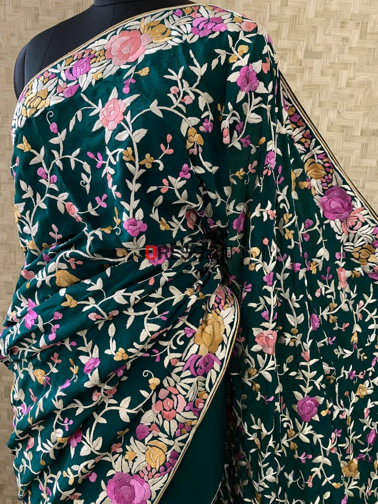 Pre Order Emerald Green Parsi Gara Gara Hand Embroidered Saree ...