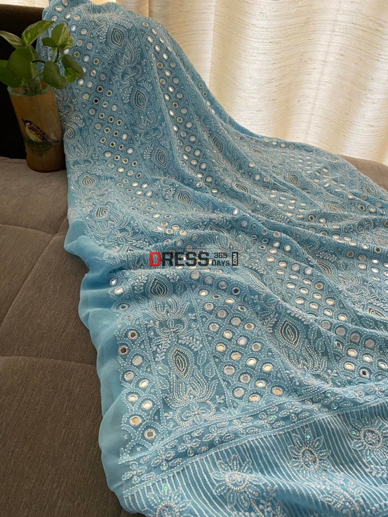 Exclusive Powder Blue Pearl & Mirror Chikankari Suit – Dress365days