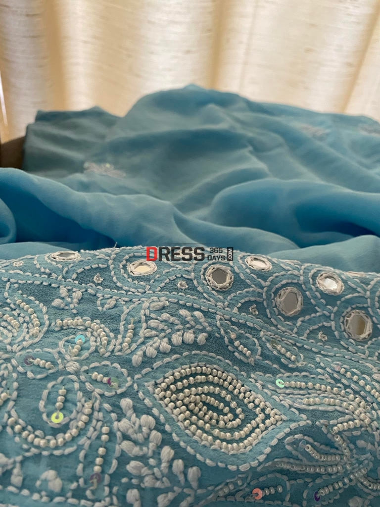 Exclusive Powder Blue Pearl & Mirror Chikankari Suit – Dress365days