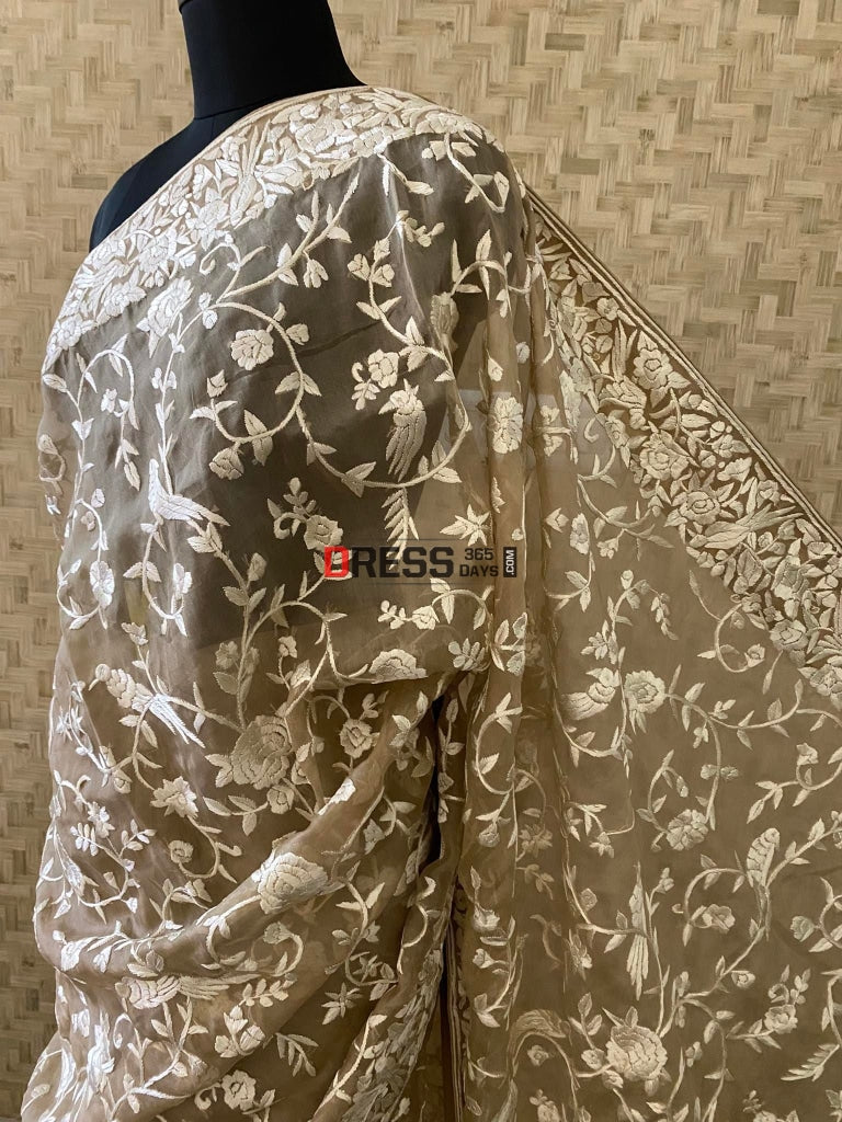 Pre Order Fawn Organza Parsi Gara Gara Hand Embroidered Saree ...