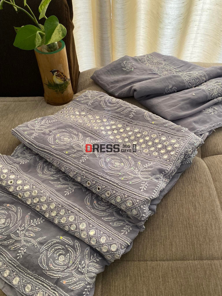 Grey Pearl & Mirror Lucknowi Chikankari Suit – Dress365days