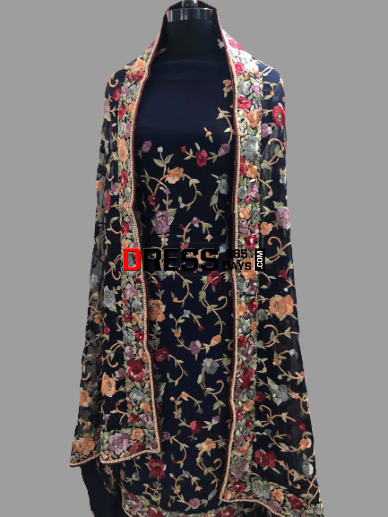 Hand Embroidered Crepe Parsi Gara Three Piece Suit – Dress365days