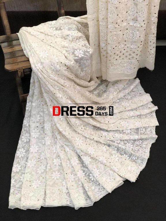Ivory Chikankari Kamdani Saree – Dress365days