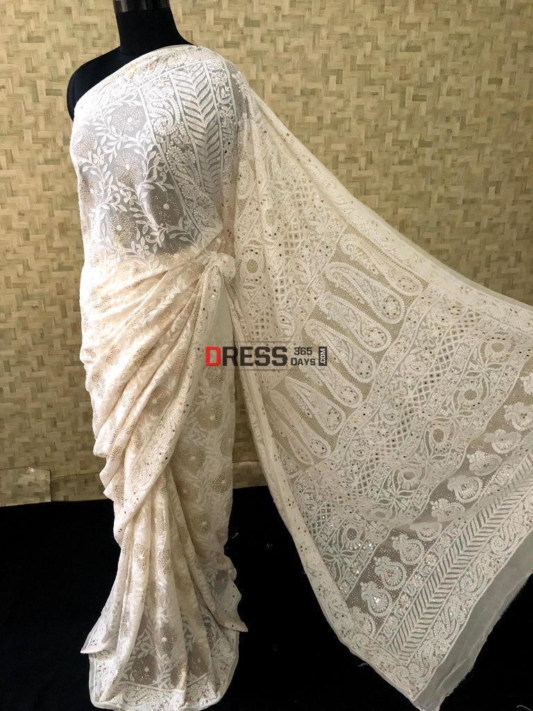 Ivory Lucknowi Kamdani Saree – Dress365days