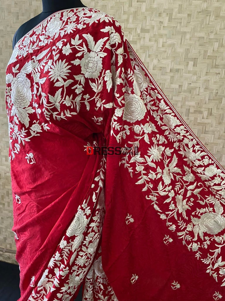 Pre Order Ivory & Red Parsi Gara Saree - Self Design Pure Crepe Silk ...