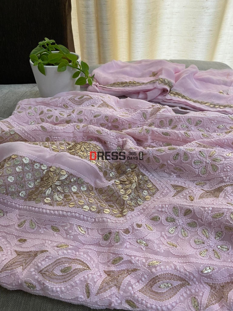 Light Pink Gota Patti Neckline Chikankari Kurta Dupatta – Dress365days