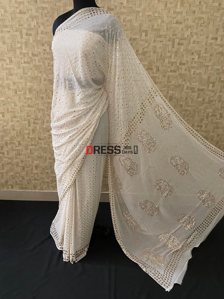 Masterpiece Ivory Kamdani Saree | Chikankari Saree | Mukaish Saree ...