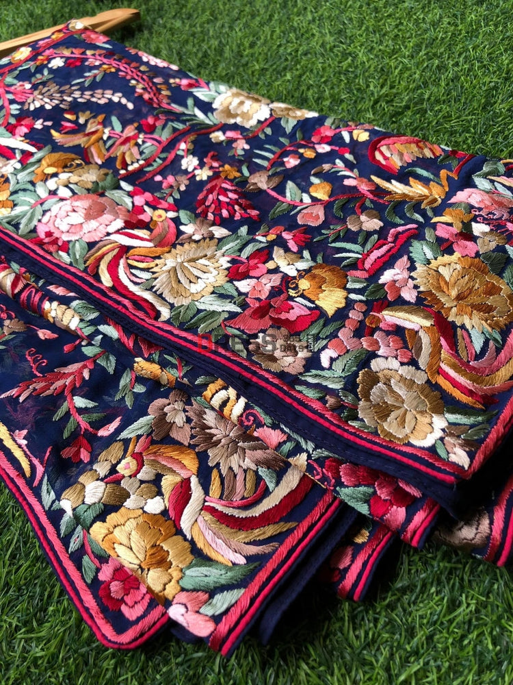 Pre Order Designer Masterpiece Parsi Gara Navy-Multicolour Dupatta ...