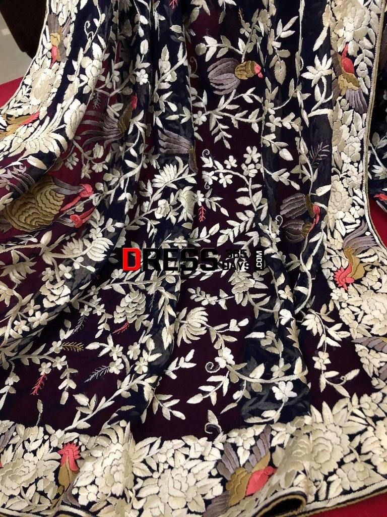 Pre Order Navy Hand Embroidered Parsi Gara Saree – Dress365days